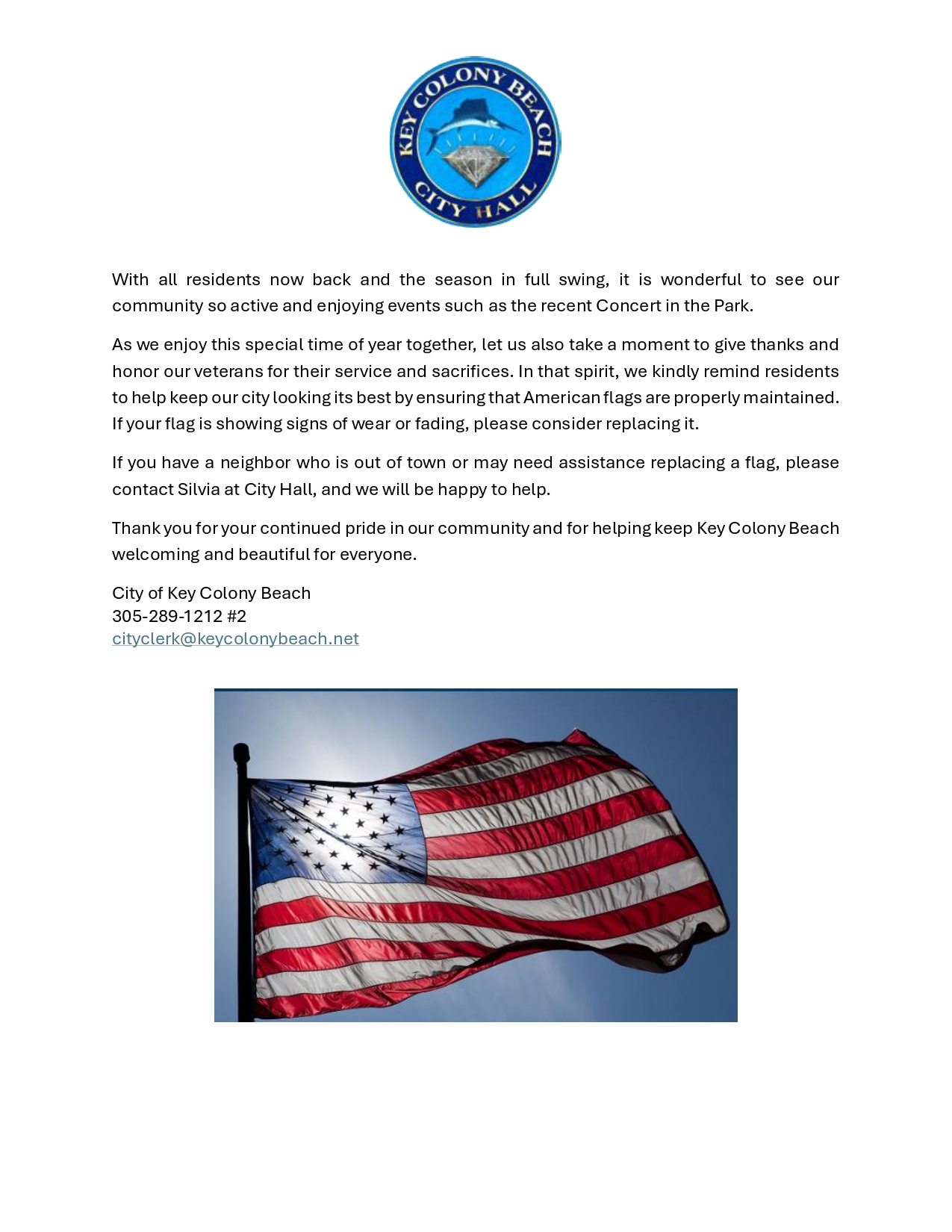 Community Update and Flag Maintenance Reminder - City of Key Colony ...