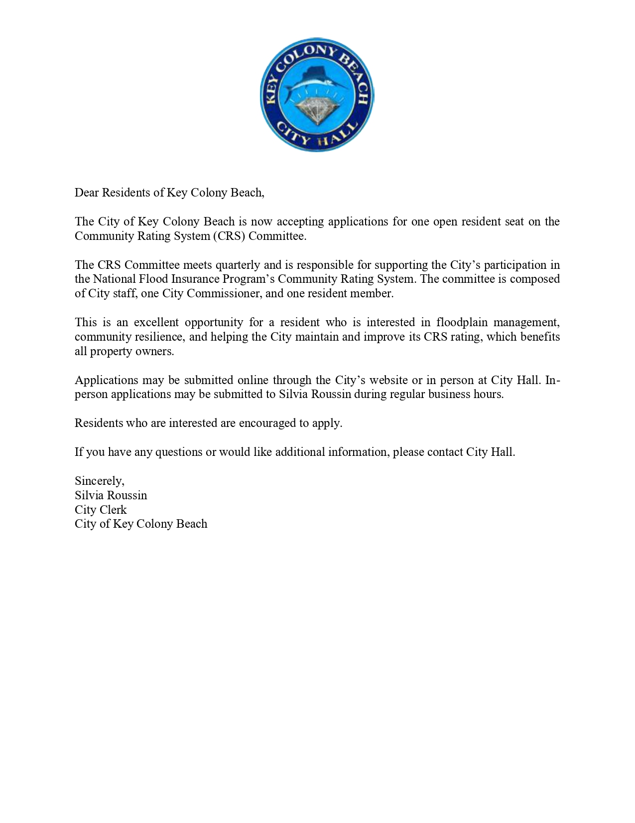Invitation to Apply for Open Seat on the CRS Committee - City of Key ...